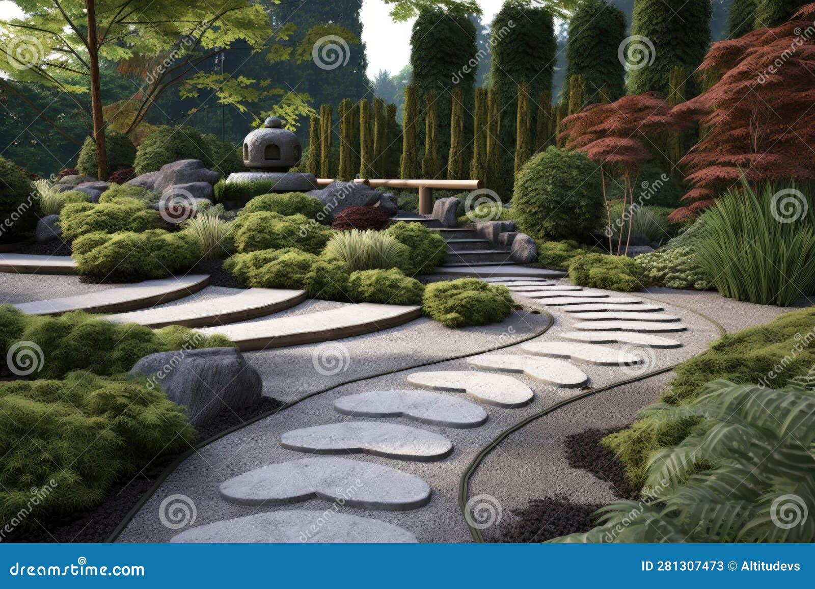 Tranquil Stone Pathway Winding through Zen Garden Stock Illustration ...