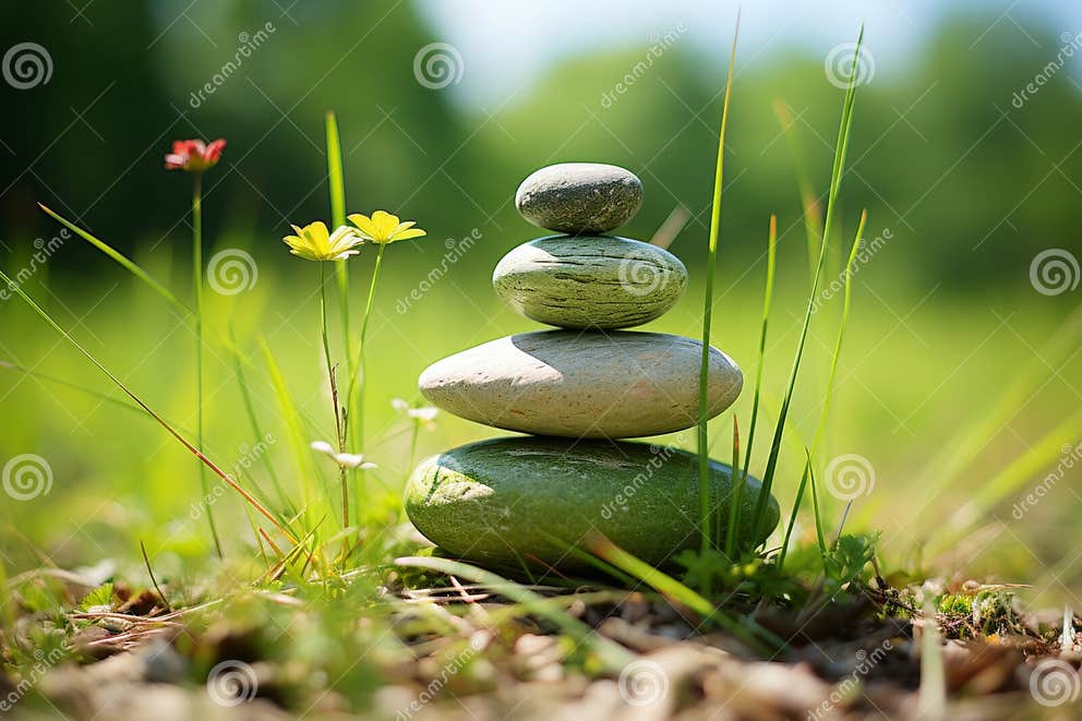 Tranquil Stone Stack on Lush Grass Under Clear Blue Sky, Serene Scene ...