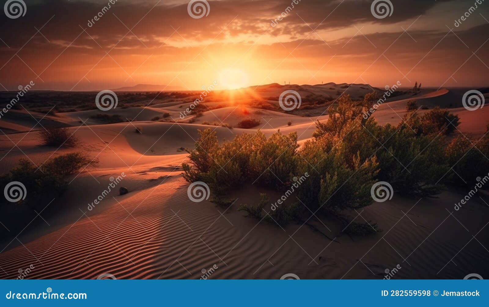 Tranquil Sunset Over Remote African Sand Dunes, Striped with Yellow ...
