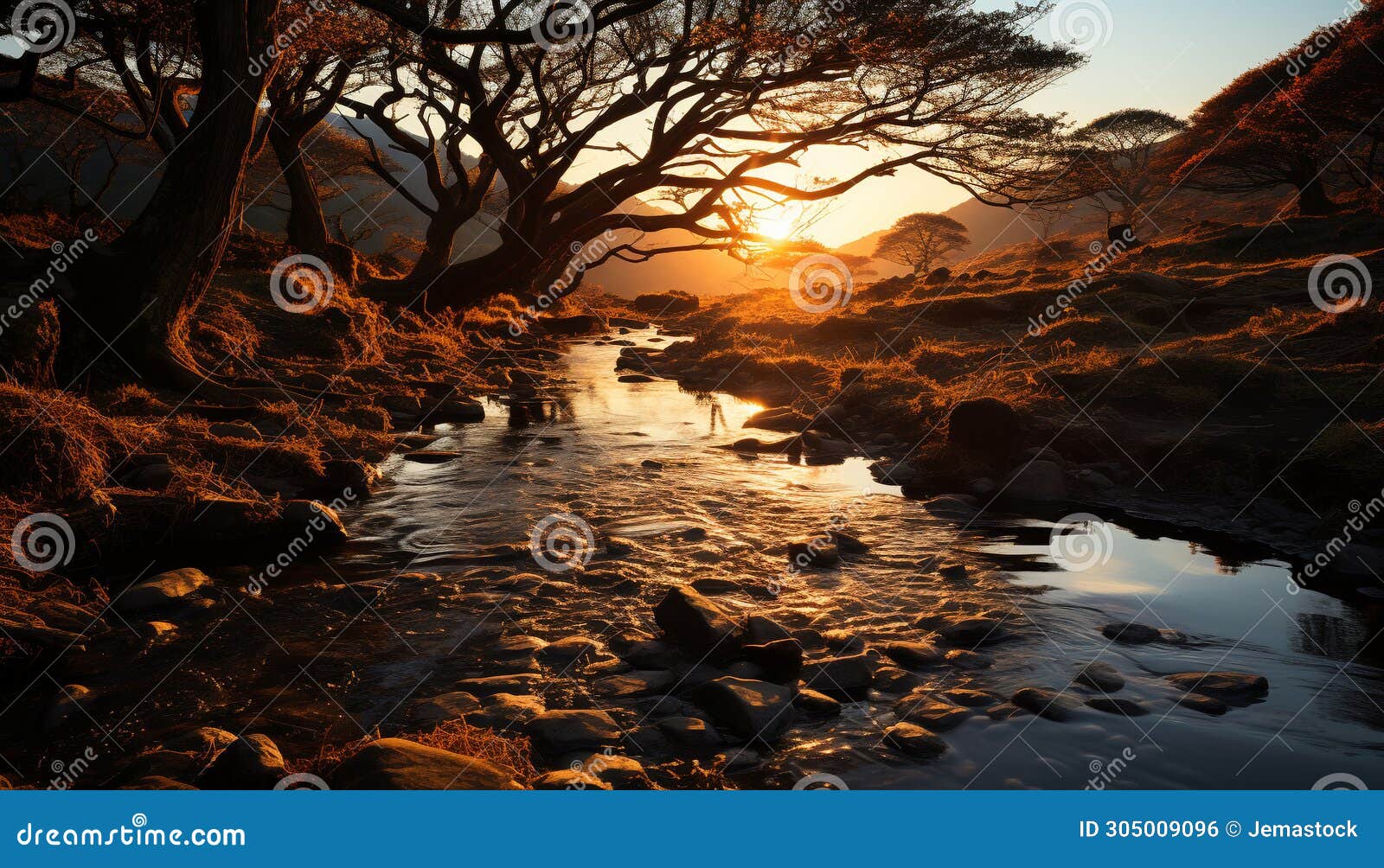 Tranquil Sunset Over Water, Tree Silhouettes Reflect Generated by AI ...