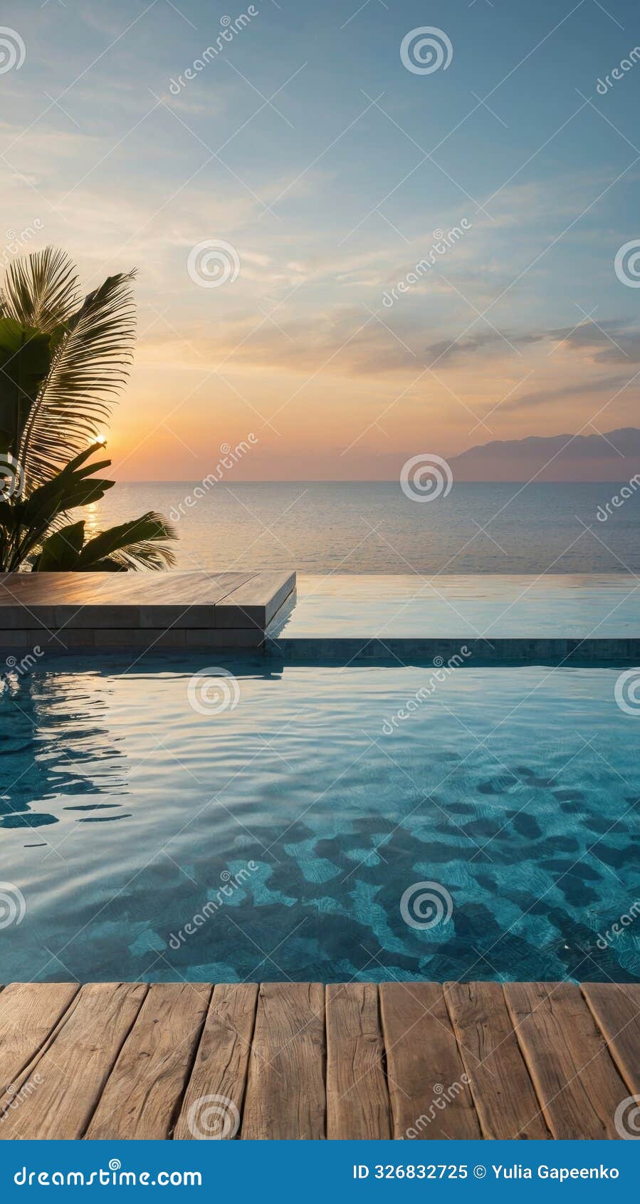 Tranquil Sunset View from a Palm Tree Lined Infinity Pool Stock Image ...