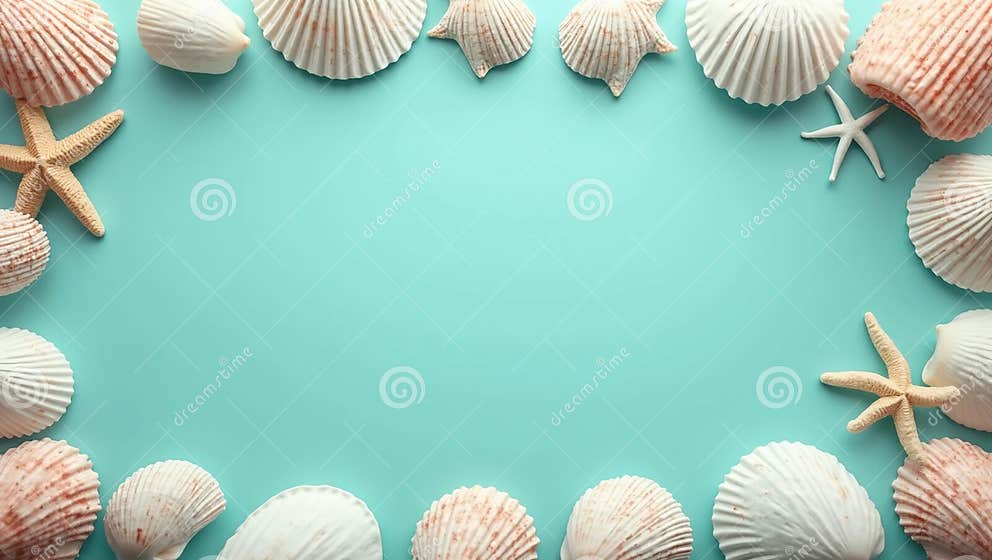 Tranquil Teal Background with White and Pink Seashell Frame Stock ...