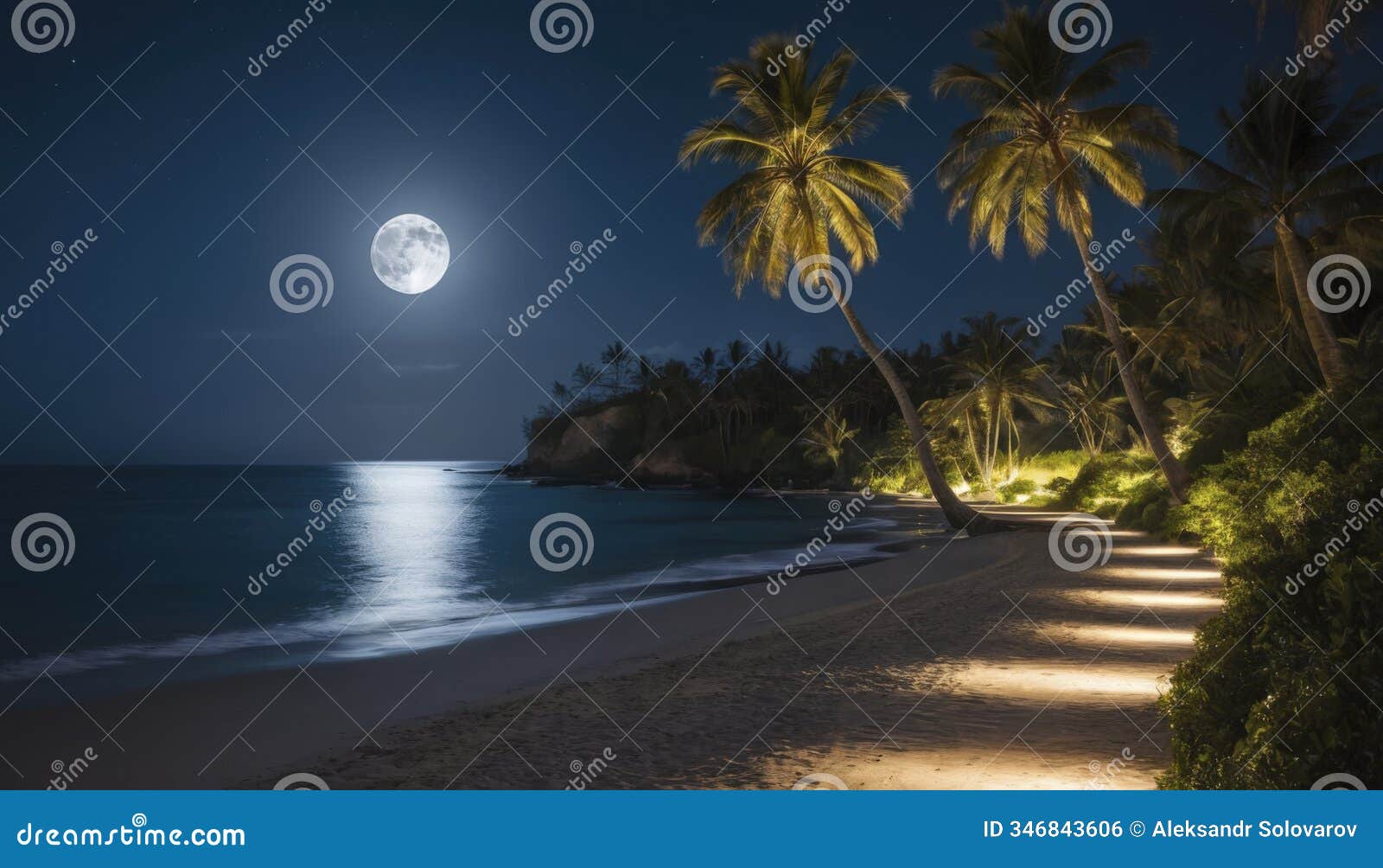 Tranquil Tropical Beach Path Illuminated at Night by Bright Full Moon ...