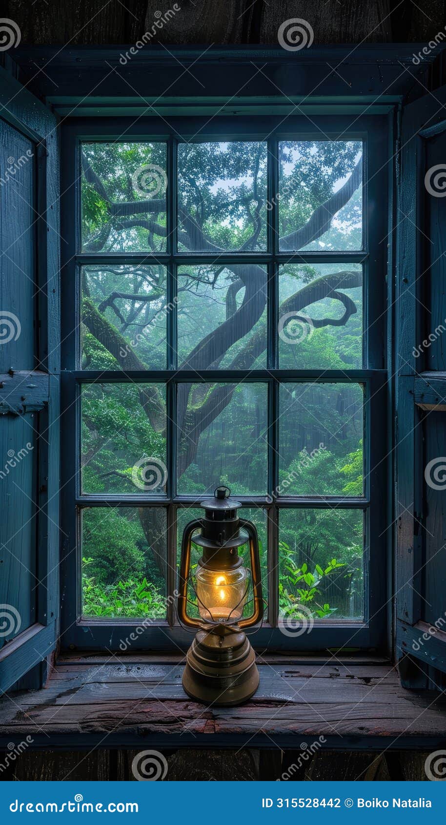 Tranquil View of Serene Forest through Rustic Wooden Window Frame with ...