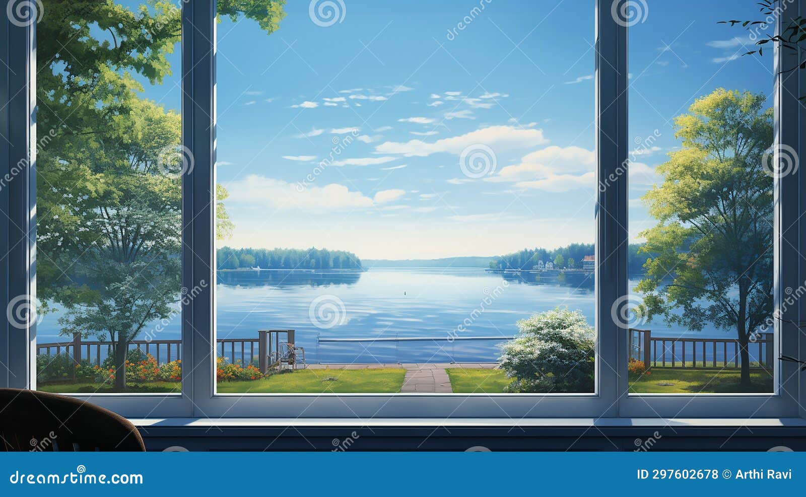 The Tranquil View from a Window Overlooking a Peaceful Lakesid Stock ...