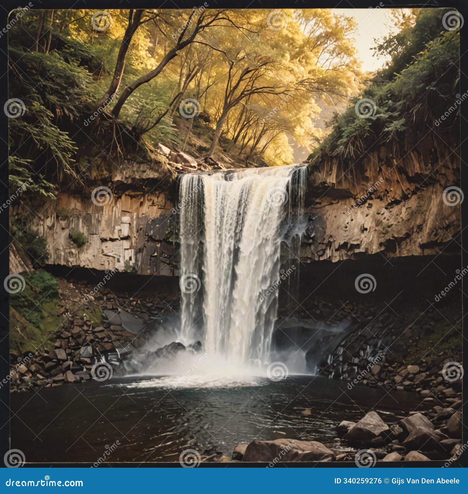Tranquil Waterfall Vintage Polaroid Capture of Serene Landscape Stock ...