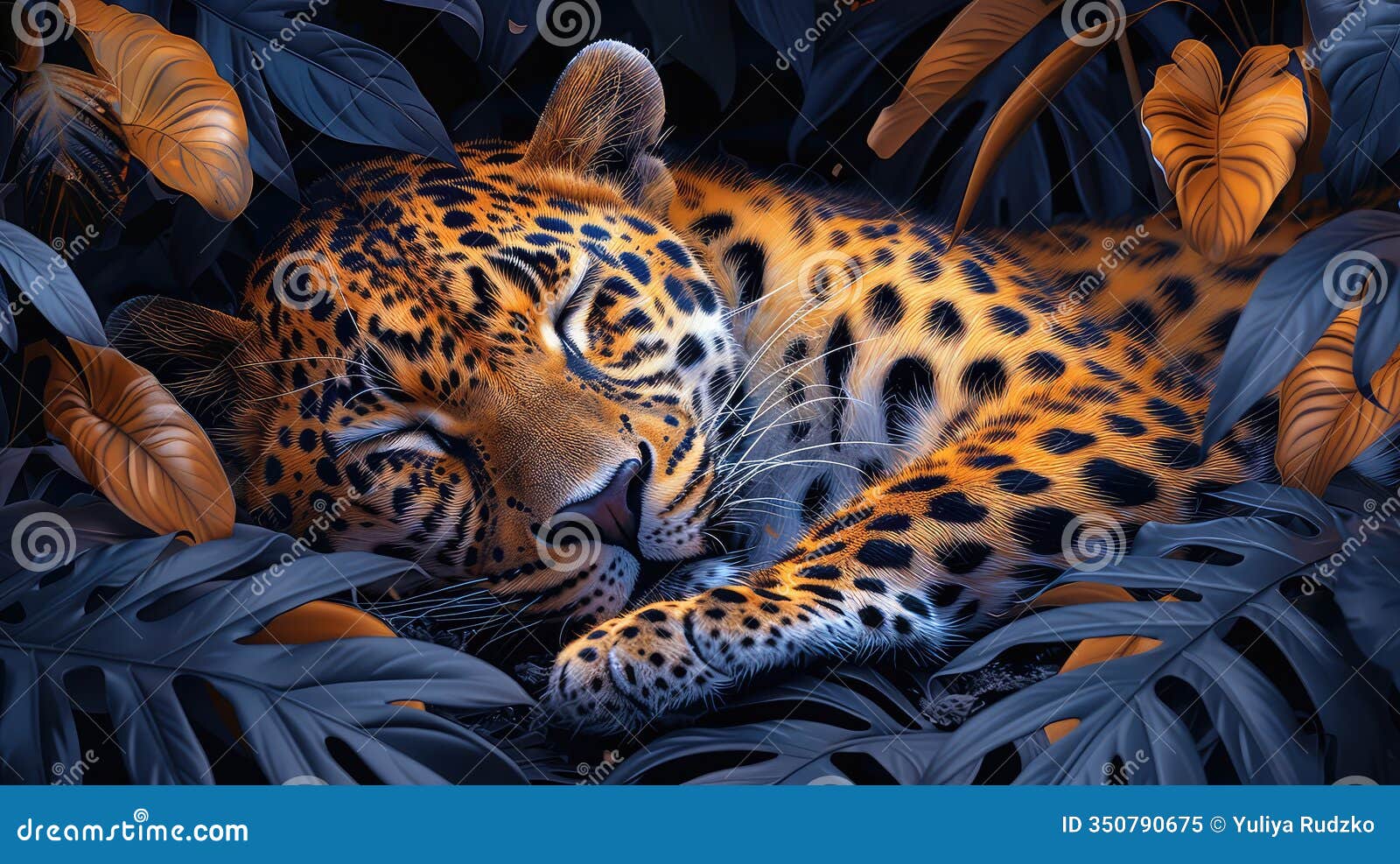Tranquil Wilderness: a Leopard Laying Down in a Colorful Jungle Scene ...