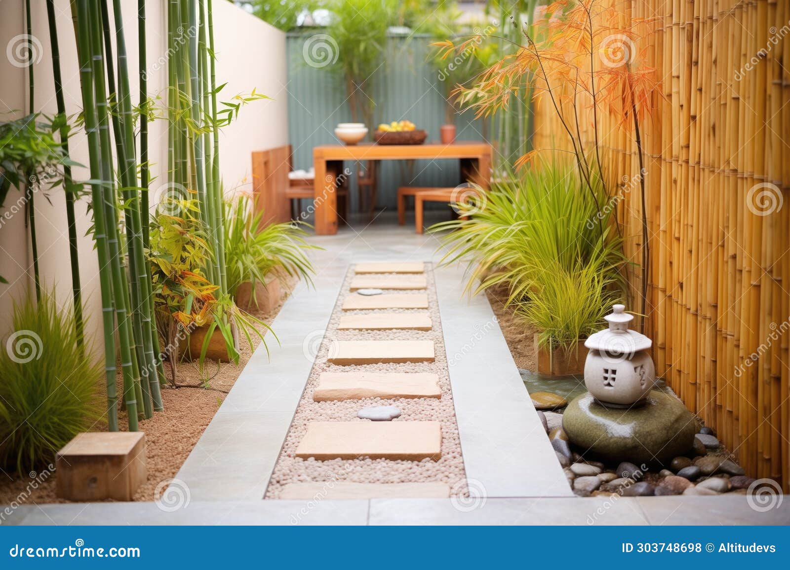 Tranquil Zen Garden with a Stone Path and Bamboo Water Feature Stock ...