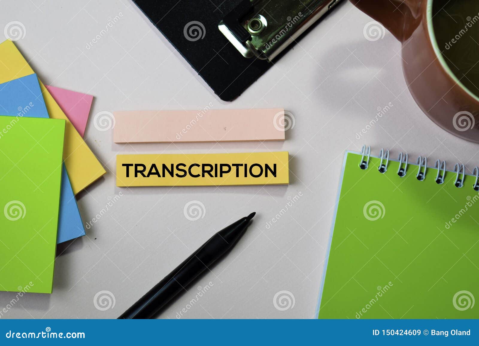 Transcription Text on Sticky Notes with Office Desk Concept Stock Image ...
