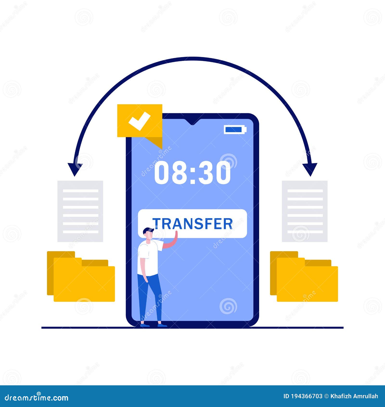 Transfer Data and Document Concept with Characters. Copy Files, Data Exchange, Synchronization ...