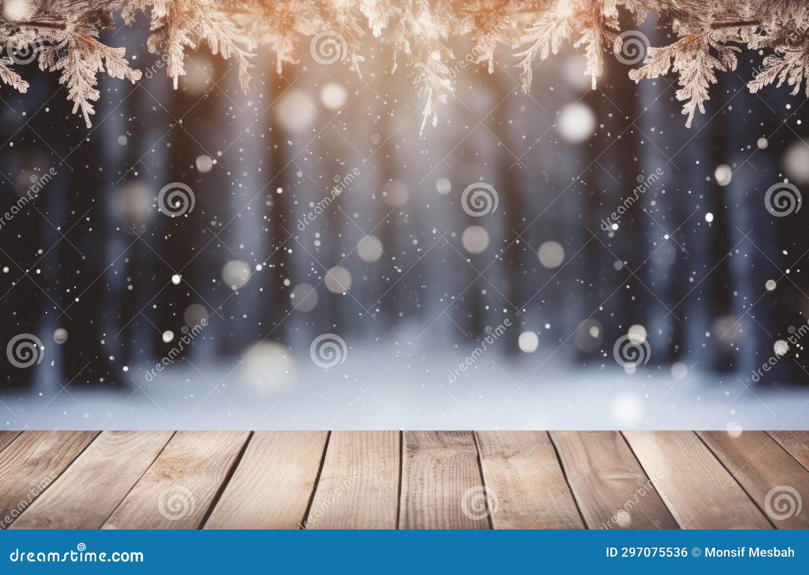 Frosty Wonderland: a Stunning Snowy Background with a Rustic Wooden ...