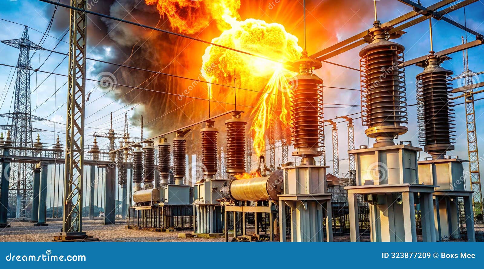 Transformer Explosion In Power Plant High Voltage Insulator On Fire AI ...