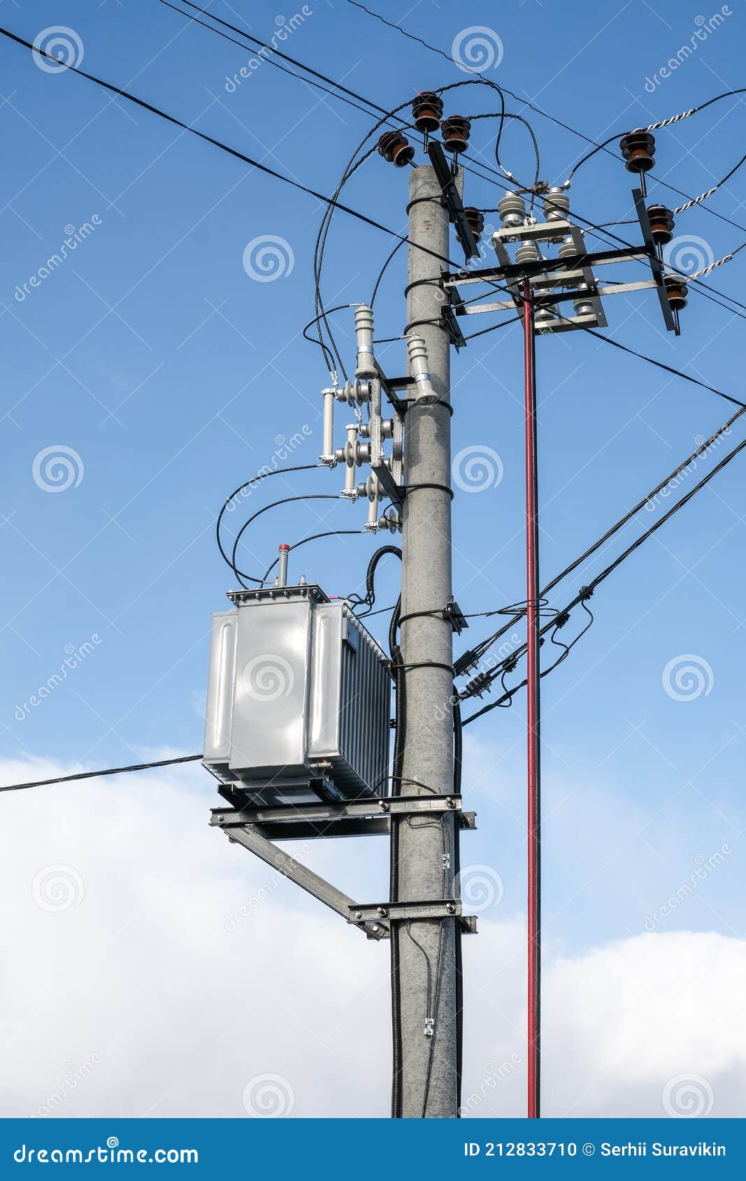 Transformer Mounted on a Pole on Blue Sky Background Stock Photo ...