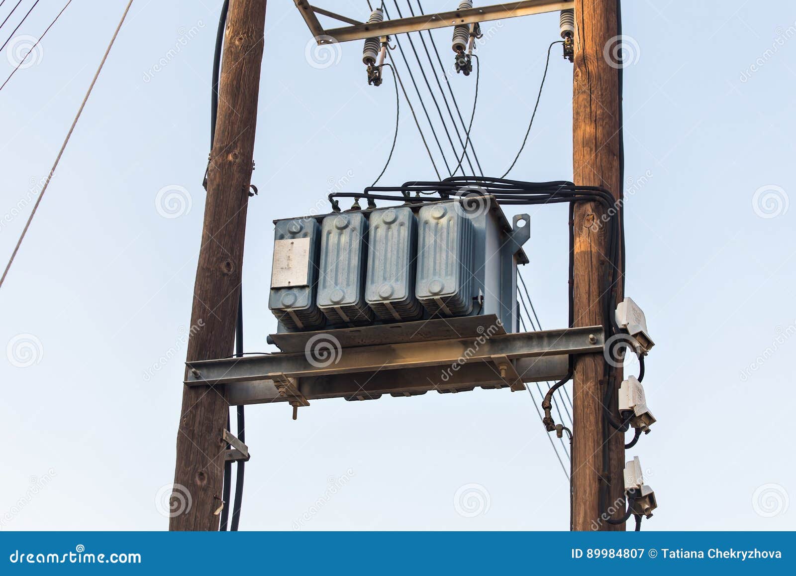 Transformers of an Electrical Post with Powerlines Against Sky. Stock ...