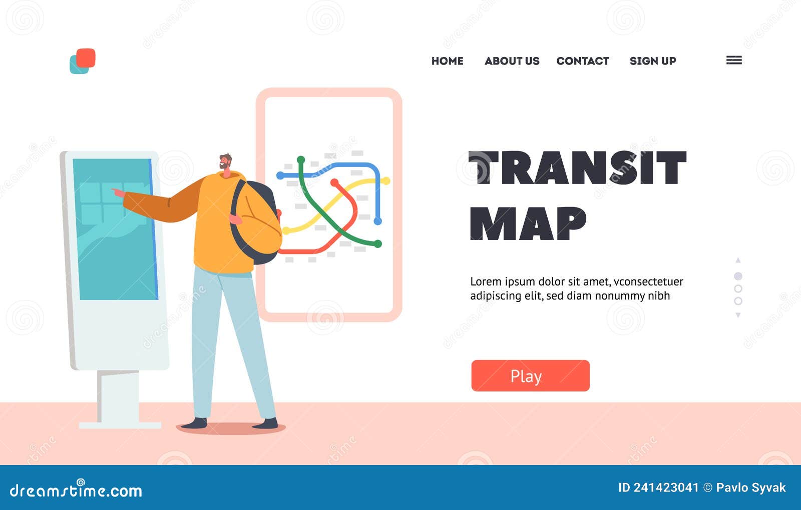 Transit Map Landing Page Template. Male Character Using Info Kiosk in ...