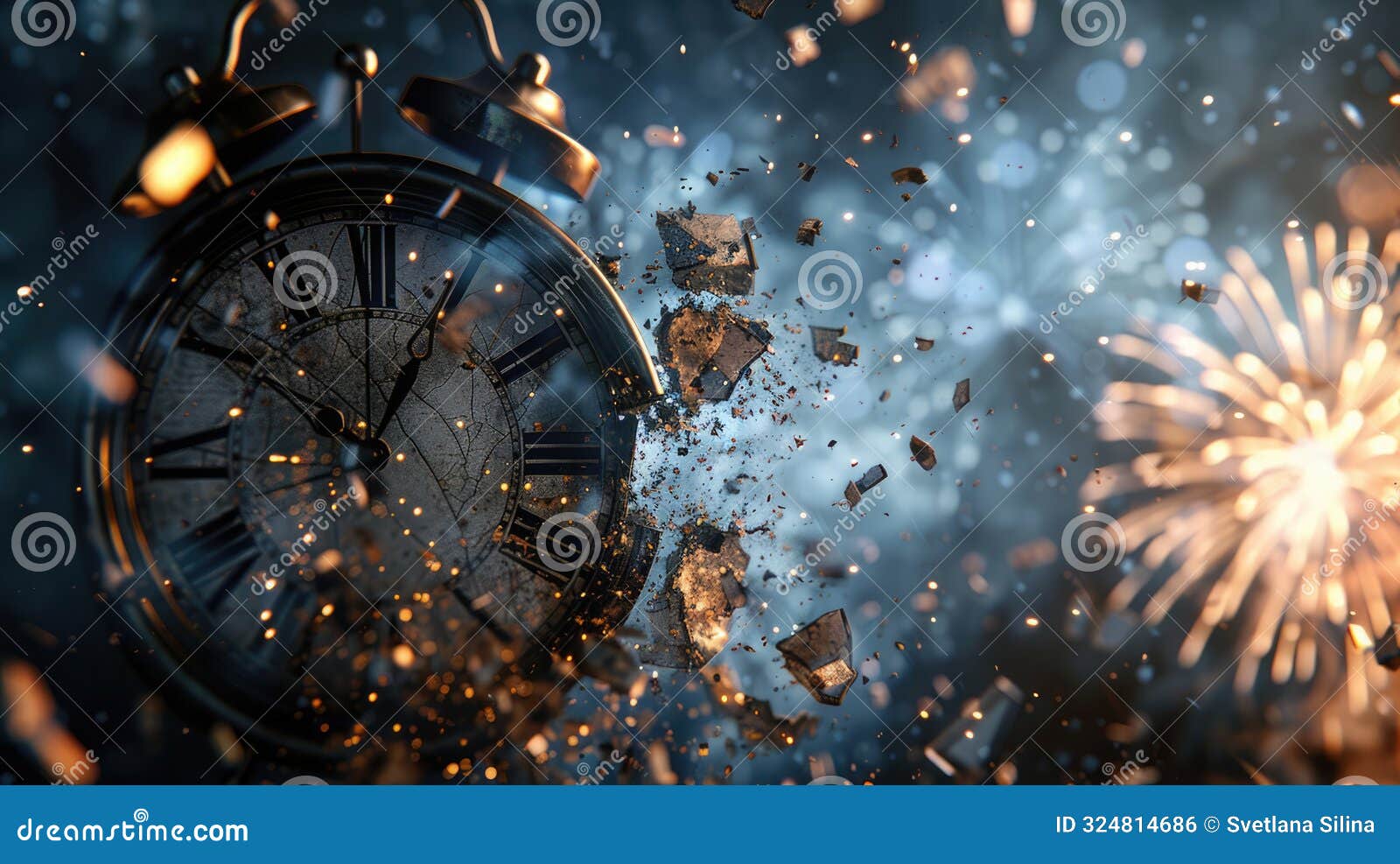 Fireworks And Shattered Clock Face Pieces Floating, Representing The ...