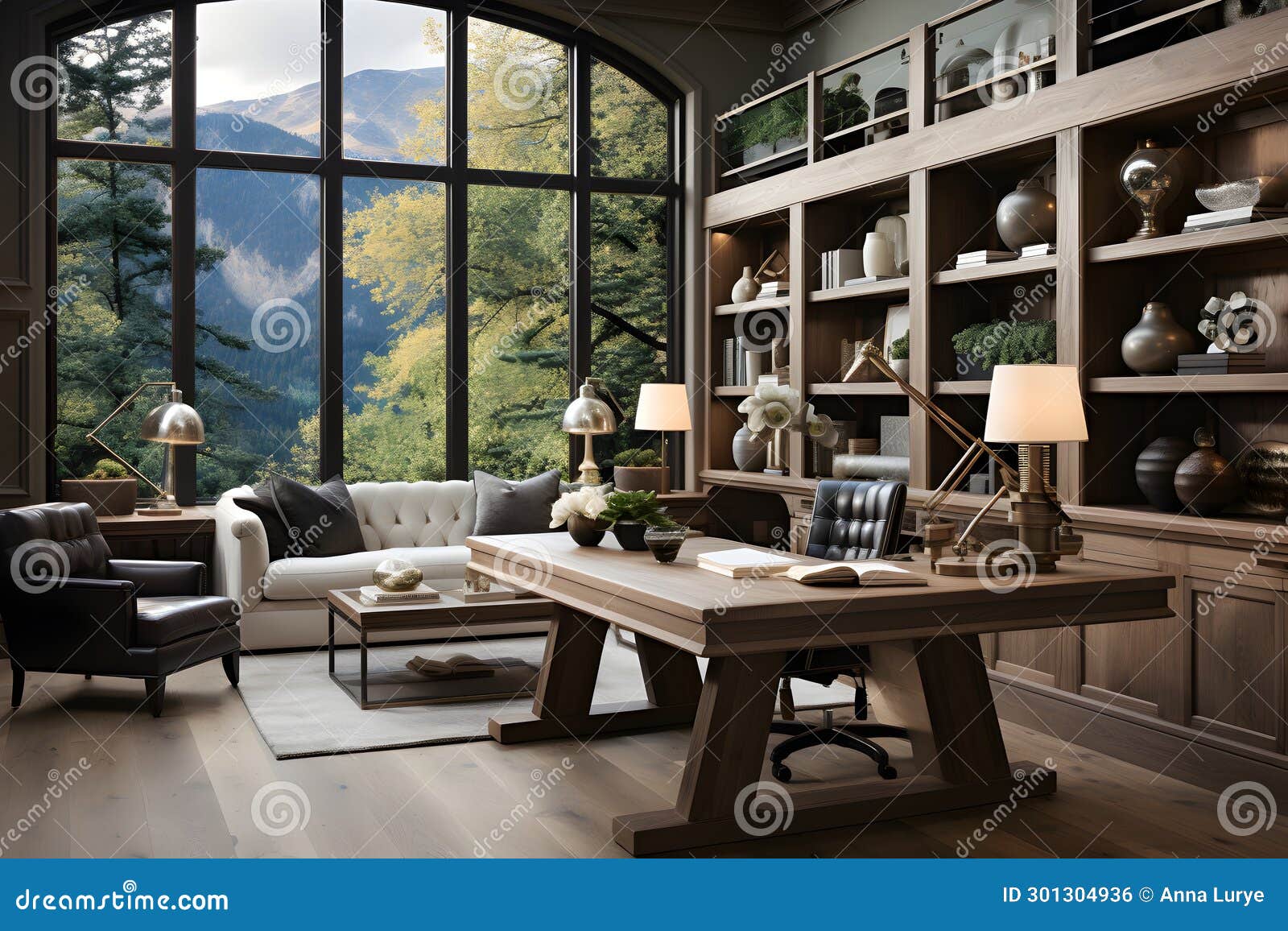 A Transitional-style Home Office With Big Window , Merging Traditional ...