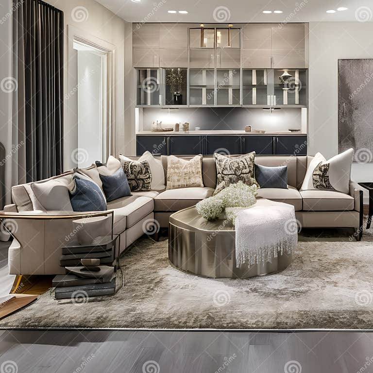 9 a Transitional-style Living Room with a Mix of Neutral and Metallic ...