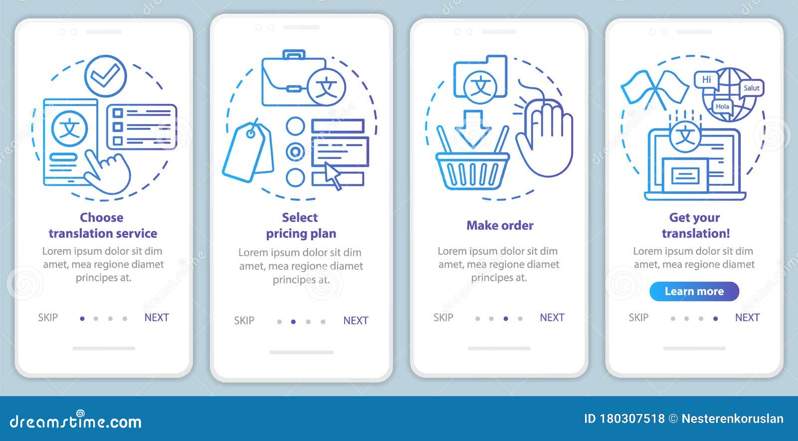 Translation Service Process Blue Onboarding Mobile App Page Screen ...