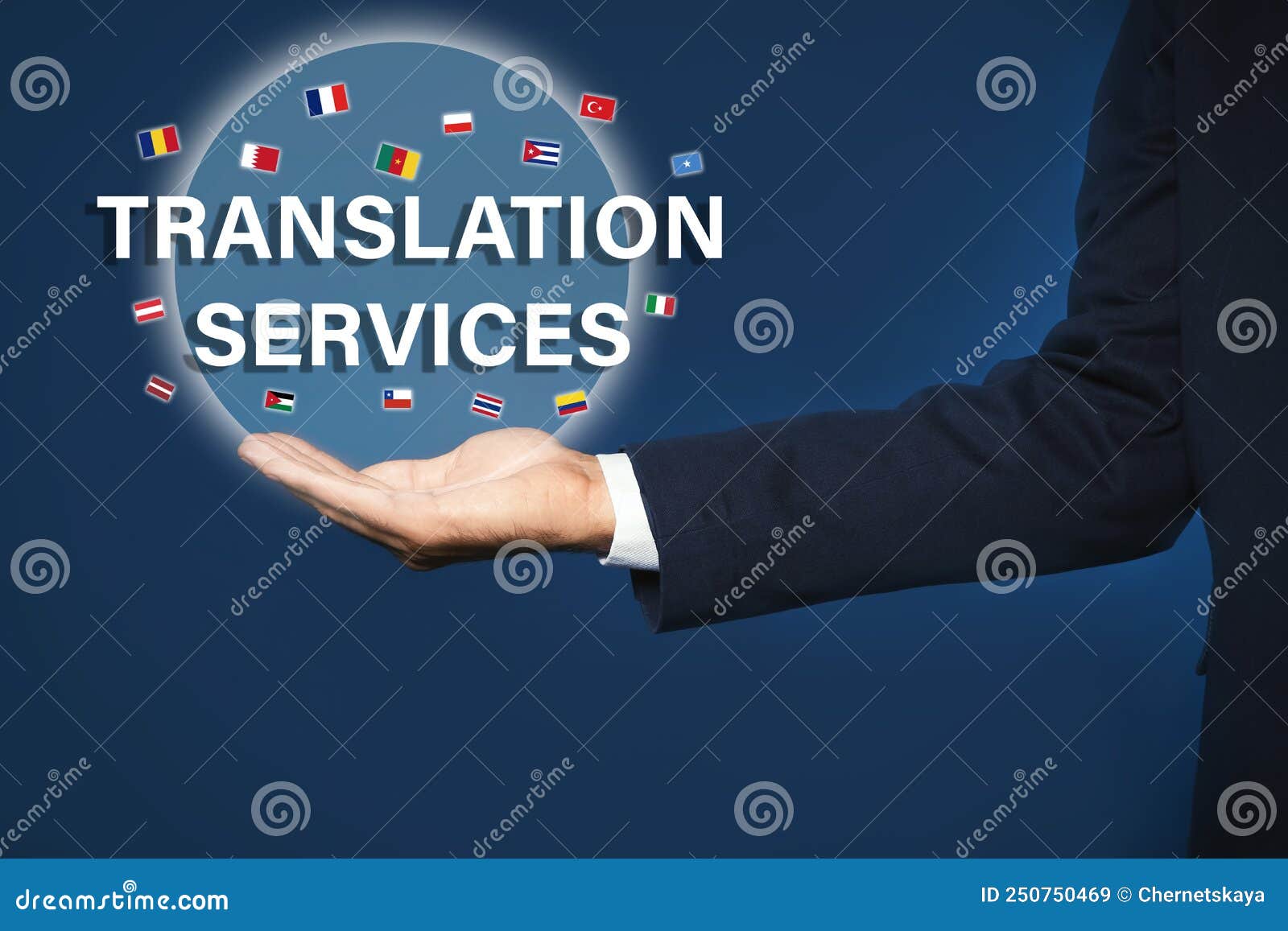 Translation Services. Man Demonstration Virtual Icon with Text and ...