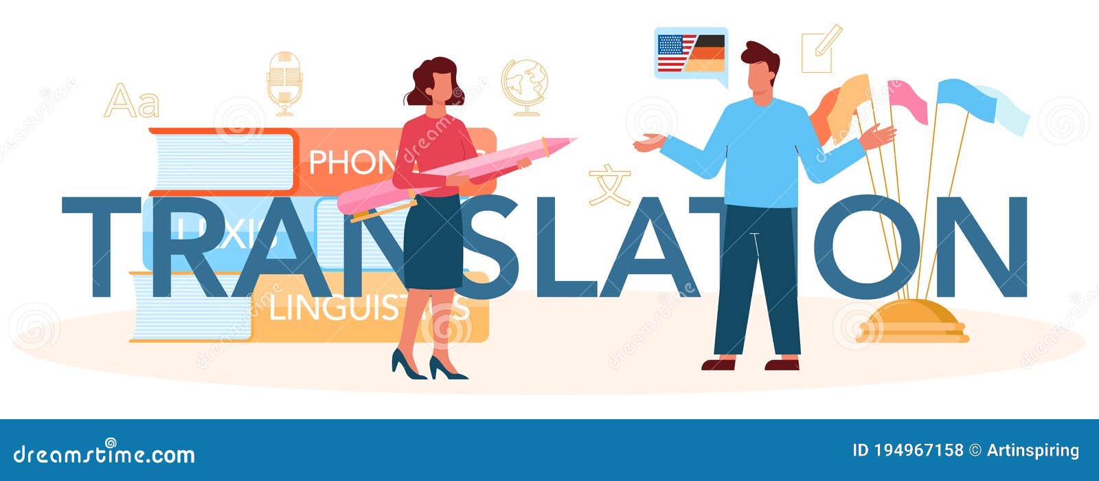 Translation Typographic Header Linguist Translating Document Books Stock Vector Illustration