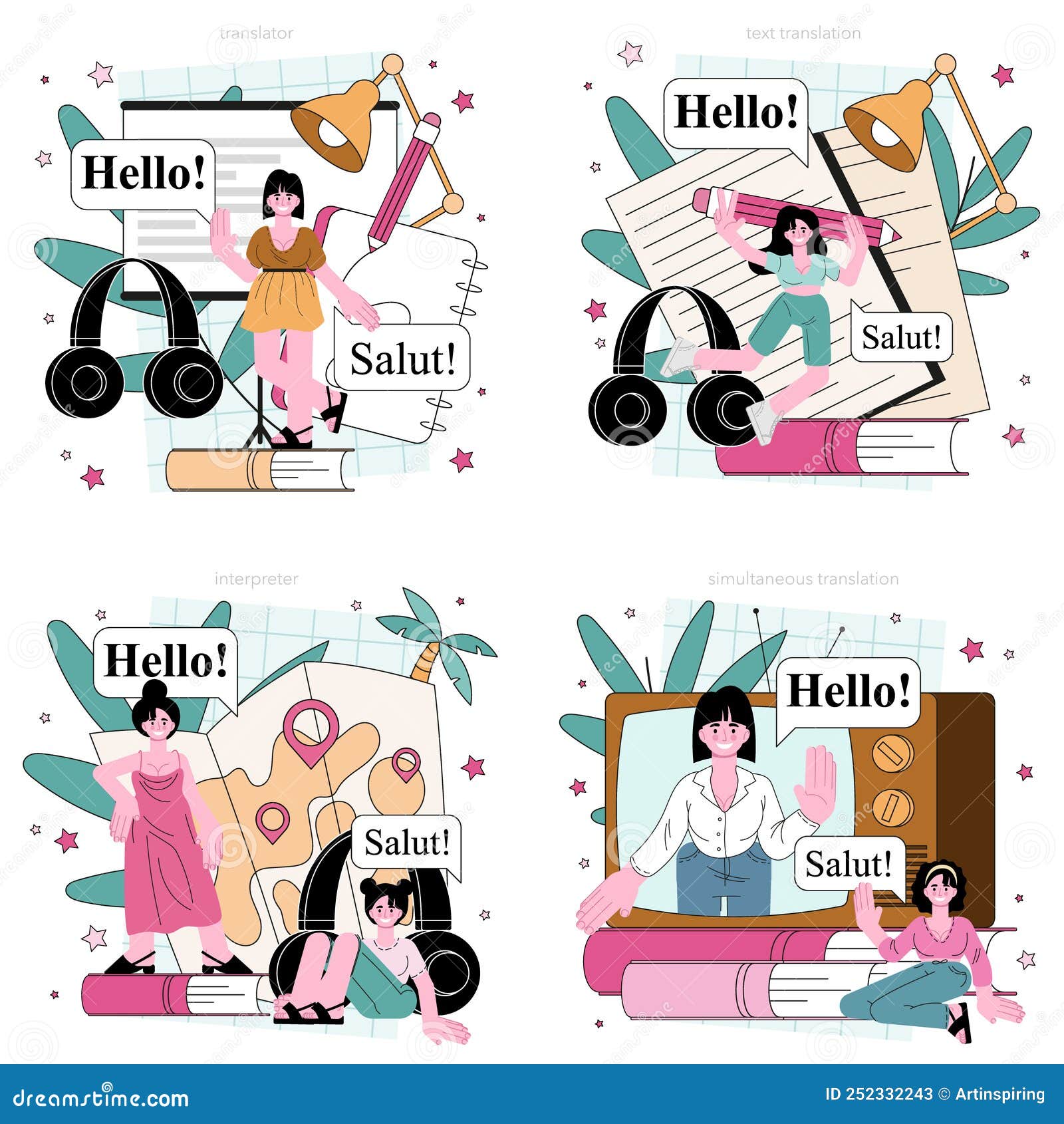 Translator Concept Set. Linguist Translating Document, Books Cartoon ...