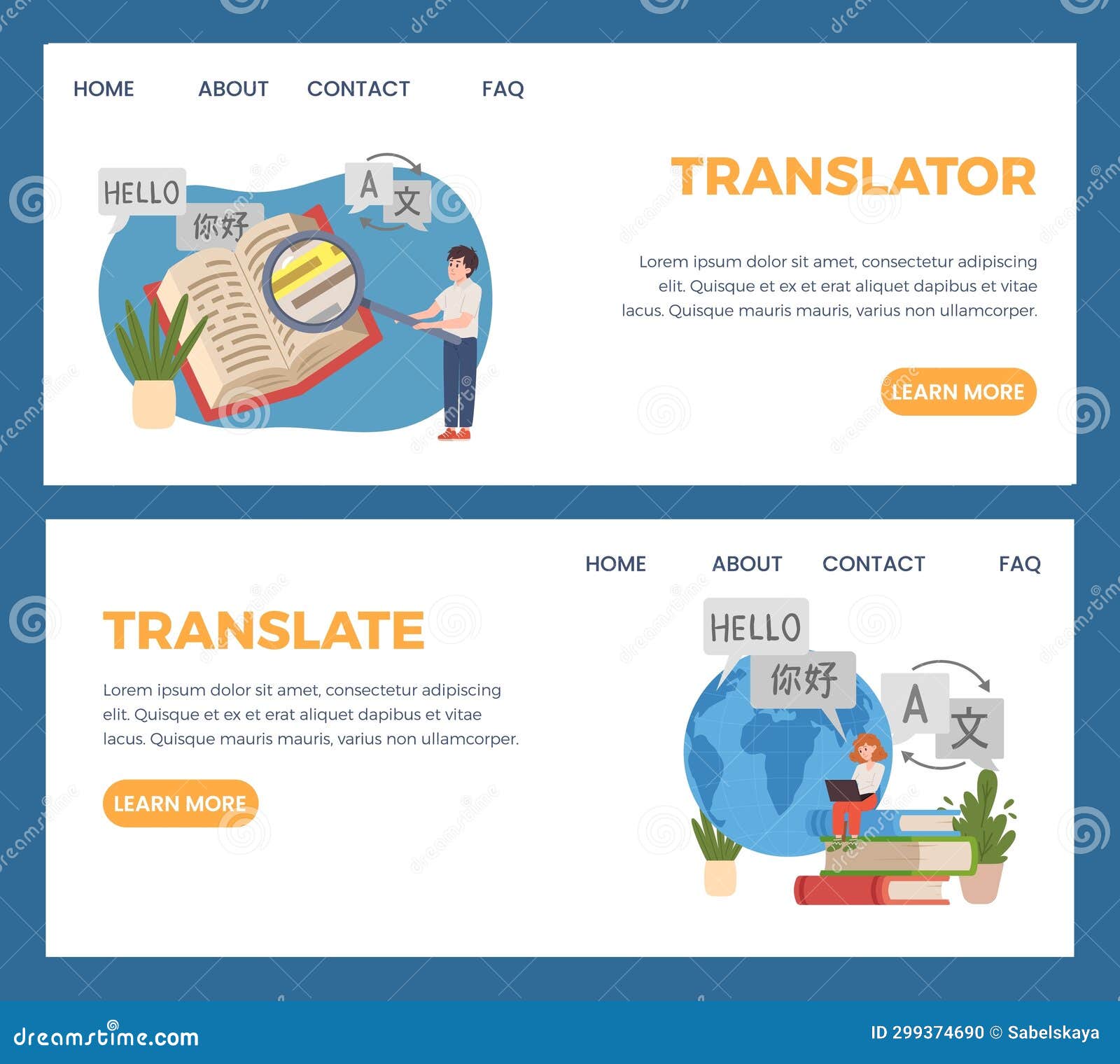 Translator, Landing Page Template, Vector Banner in Flat Cartoon Style ...