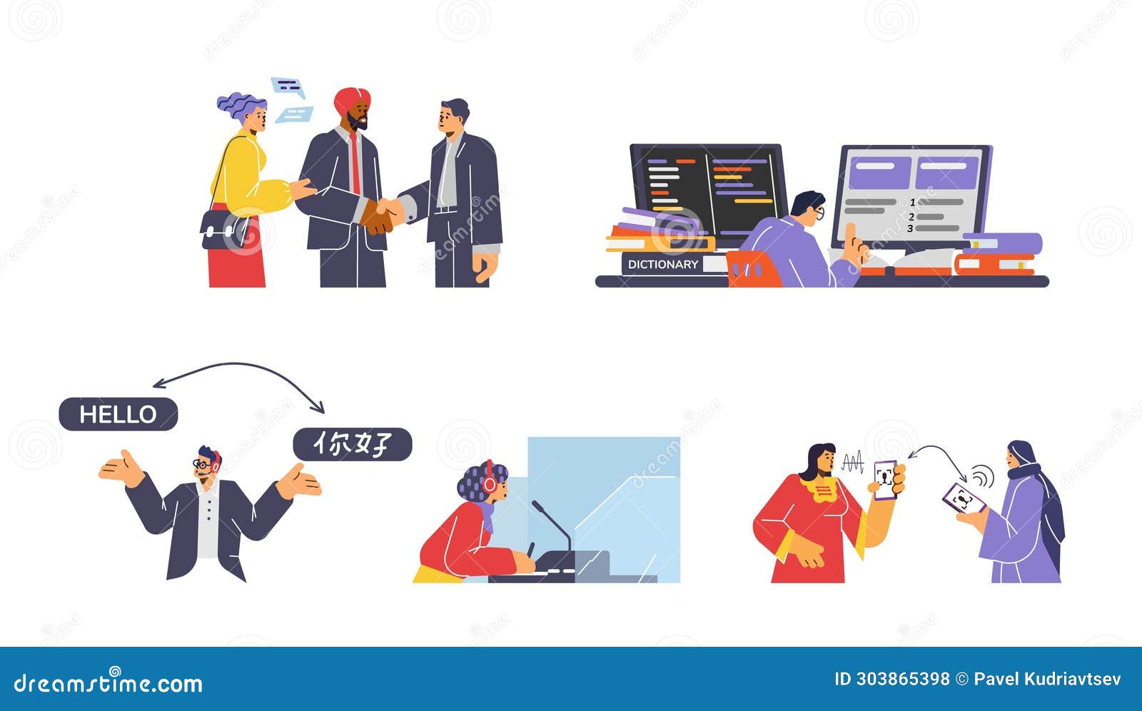 Translators People, Set of Vector Illustrations on White, Flat Cartoon ...