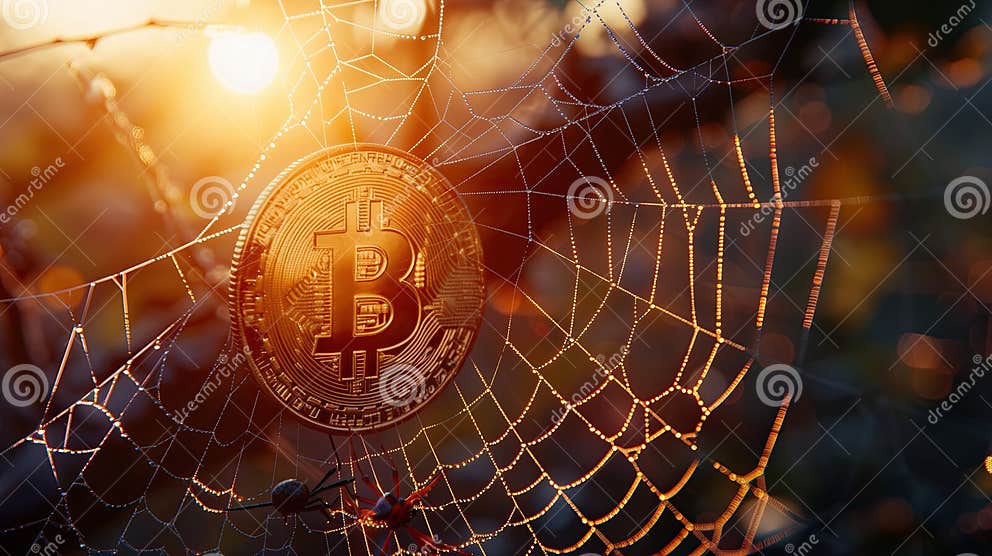 Translucent Bitcoin Woven Using Spider Silk Inside a Beautiful Cobweb ...