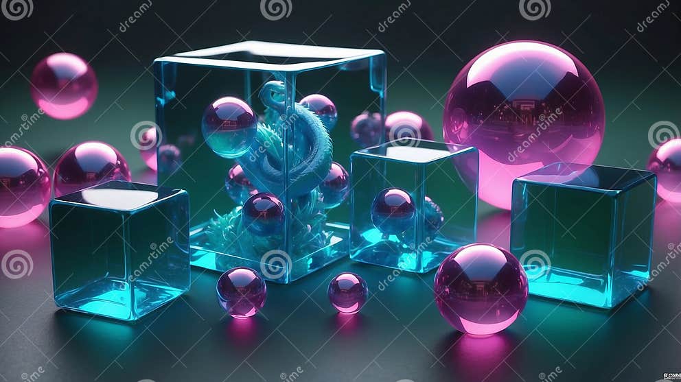 Abstract Still Life of Translucent Cubes and Pink Spheres Stock ...