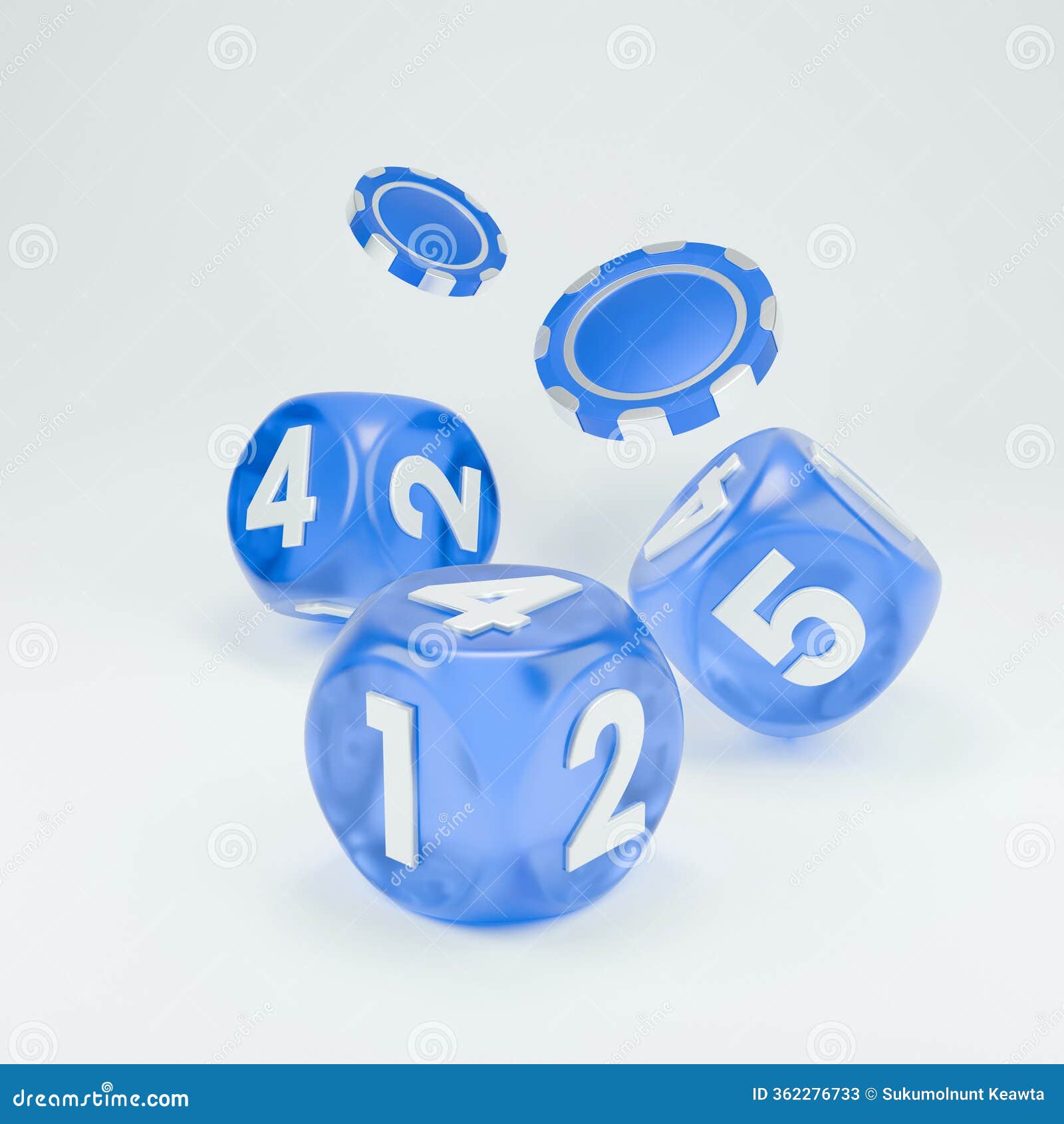 A 3D-rendered Image of a Translucent Blue Casino Dices and Chips. Stock ...