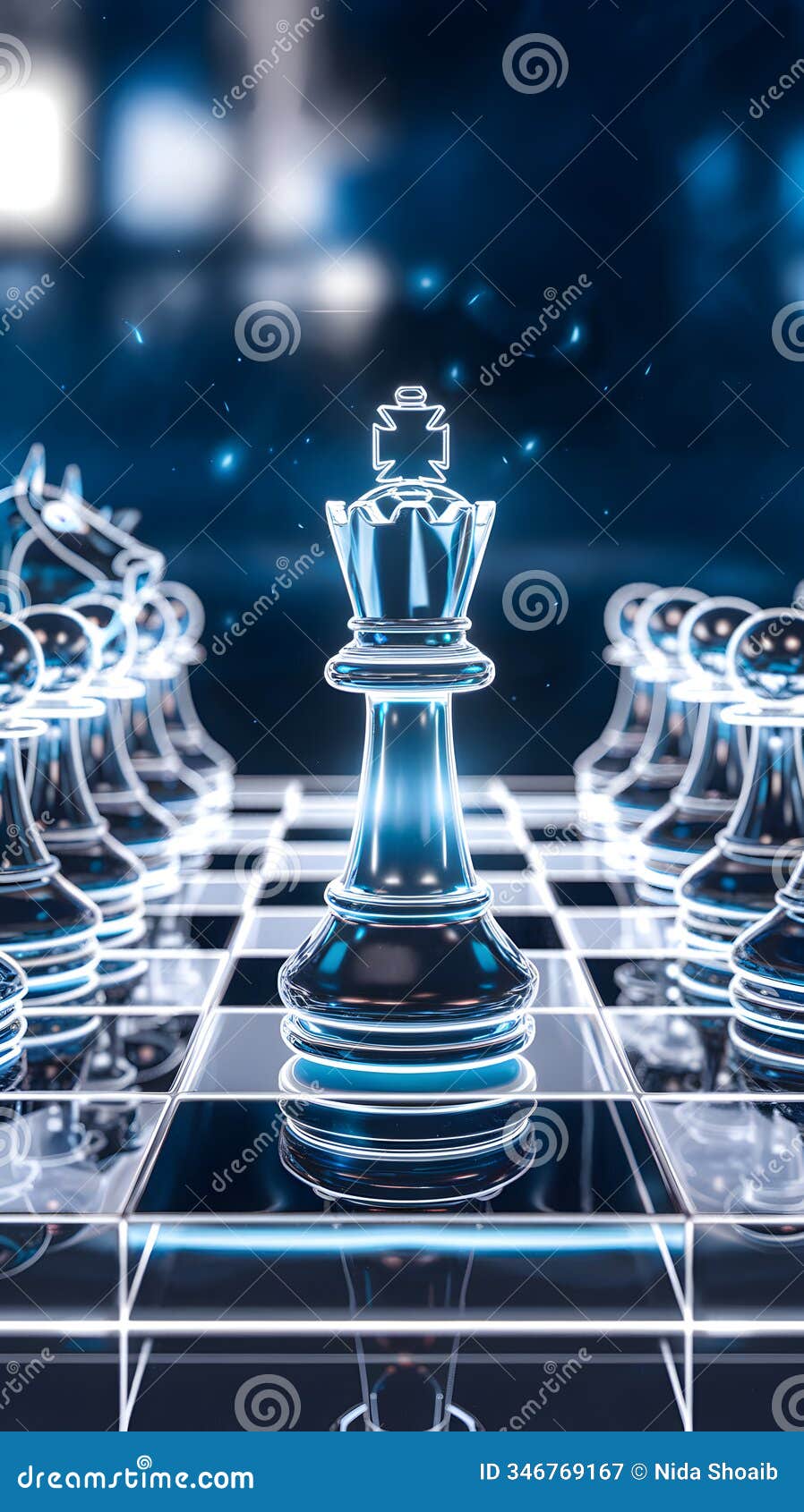 Translucent Chessboard with Glowing King Piece in Spotlight, Reflecting ...