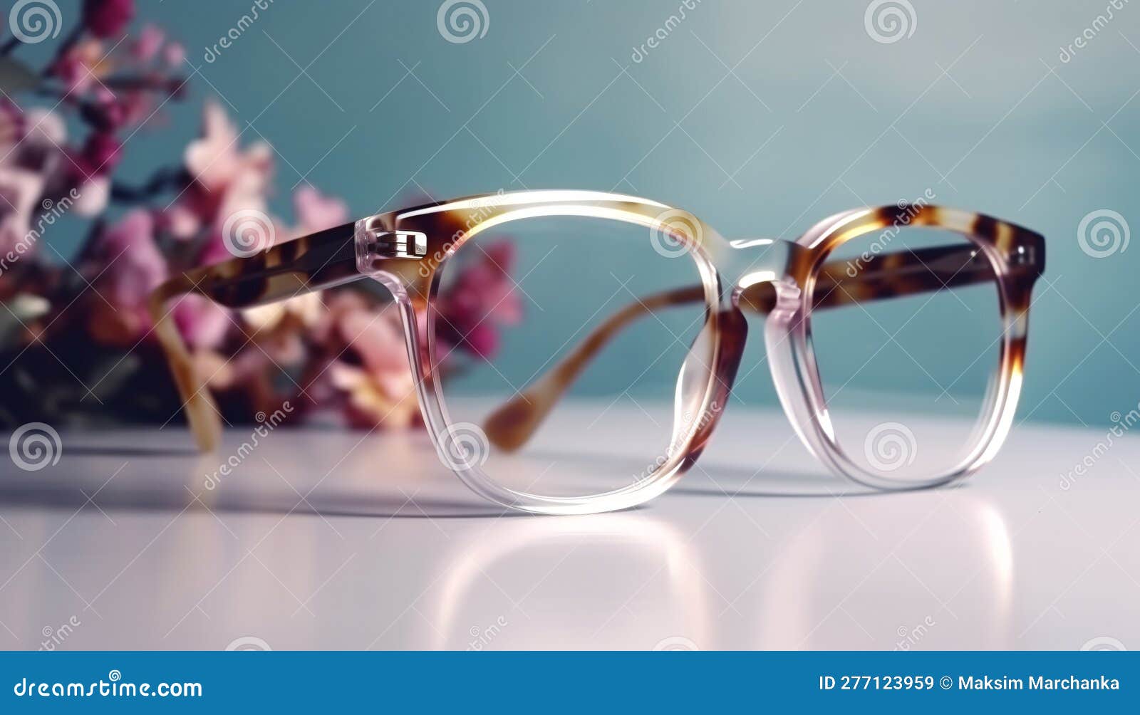 Translucent Frame of Glasses of Square Shape on the Table and Flowers ...