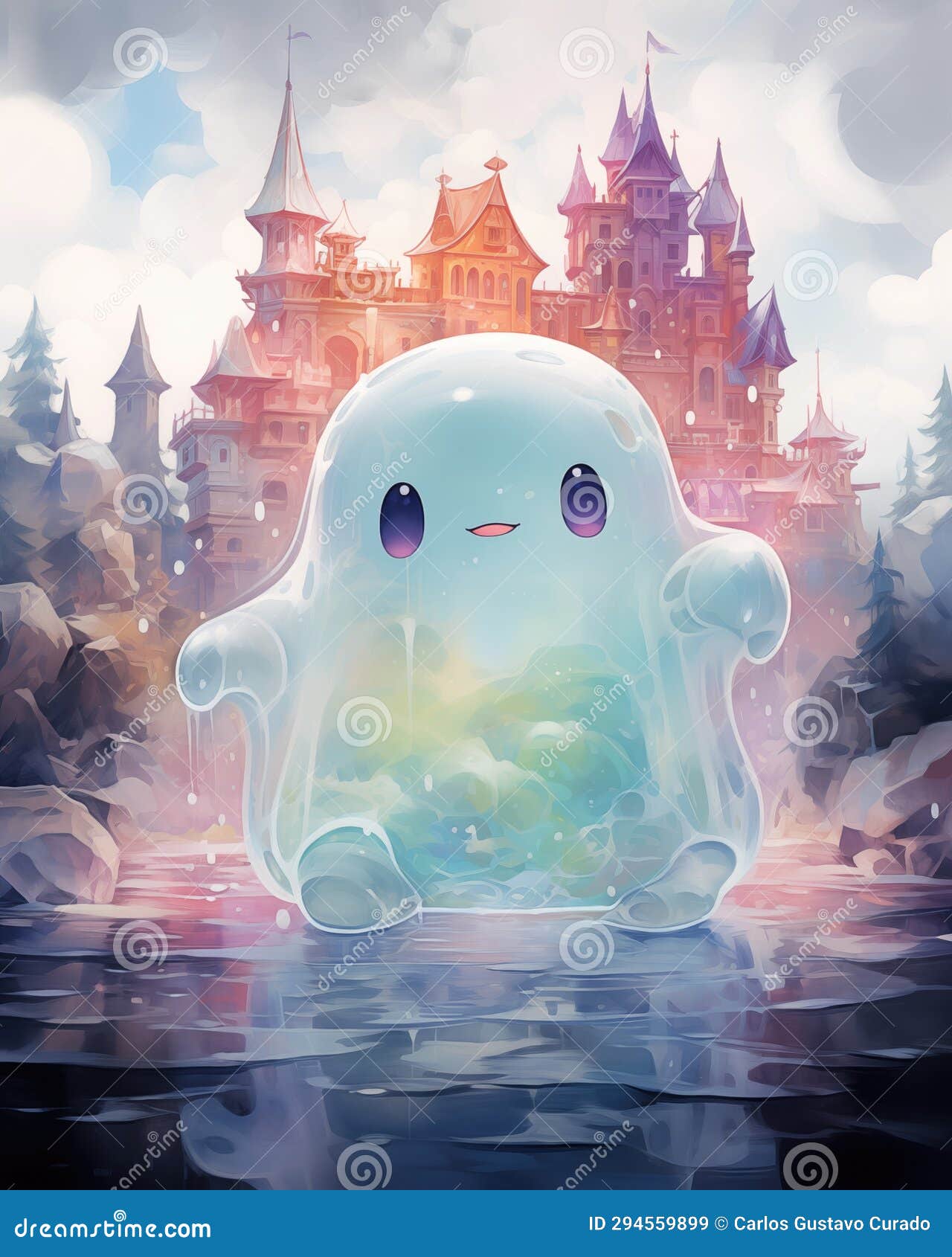 A Translucent Ghost in Front of a Castle, Manga Style Stock ...