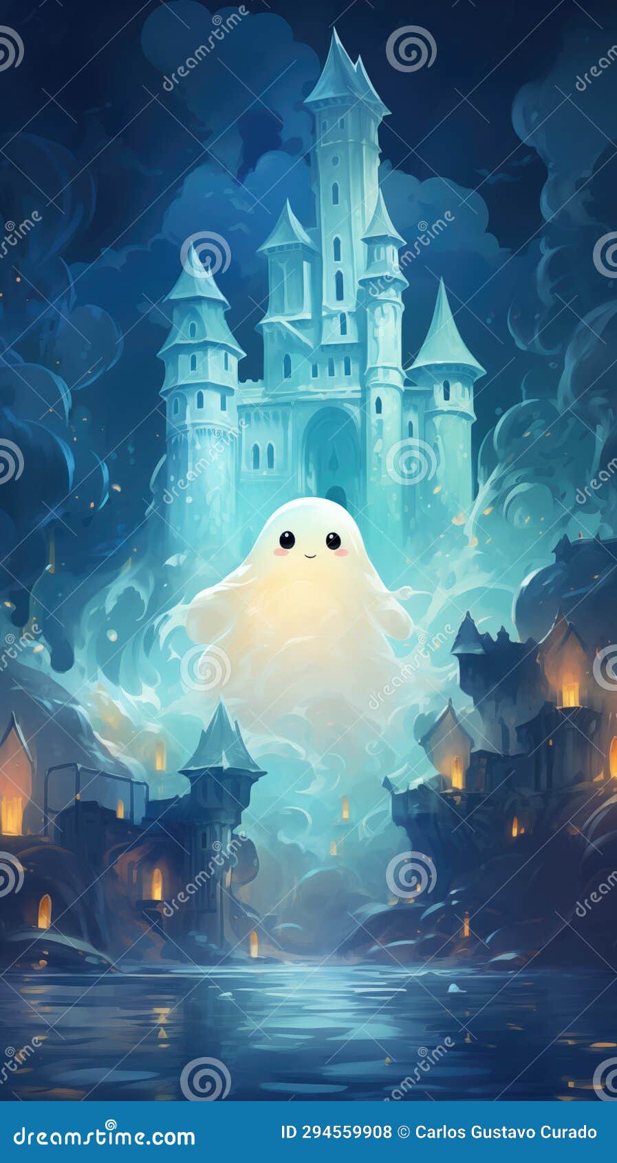 A Translucent Ghost in Front of a Castle, Manga Style Stock ...