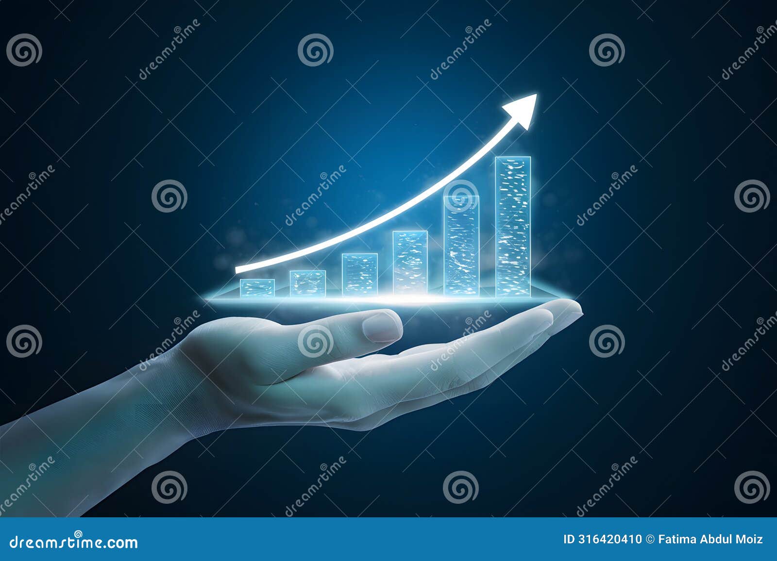 Translucent Hand Presenting Holographic Rising Bar Chart on Deep Blue ...