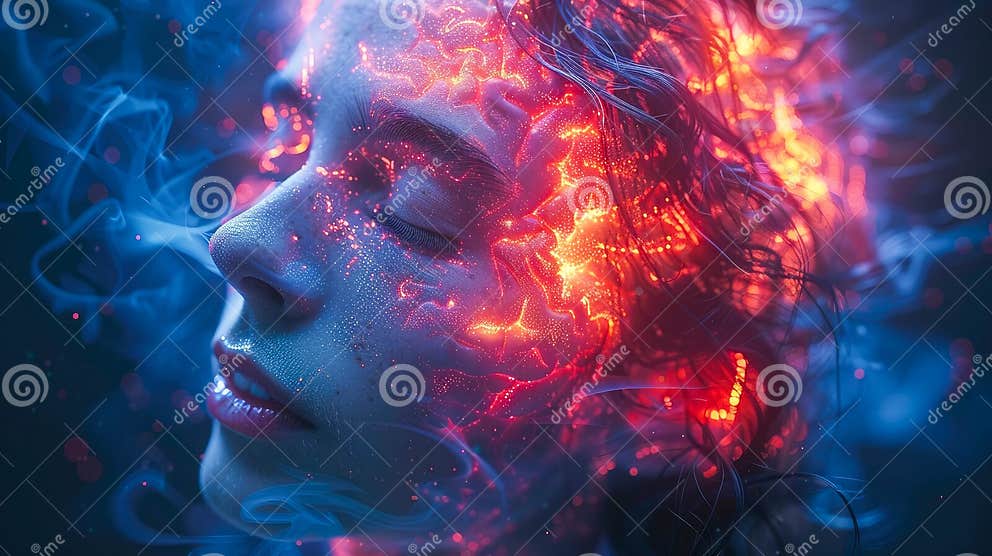 A Translucent Human Head Showing a Glowing, Active Brain, Surrounded by ...