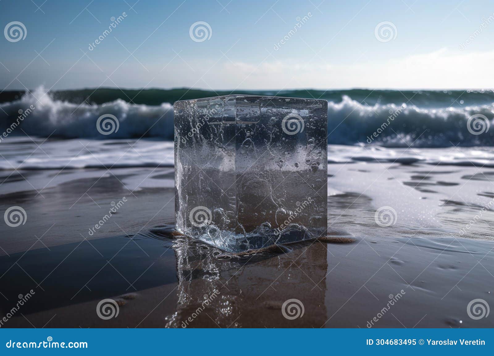 Translucent Ice Cube on Beach with Waves. the Concept of Saving from ...