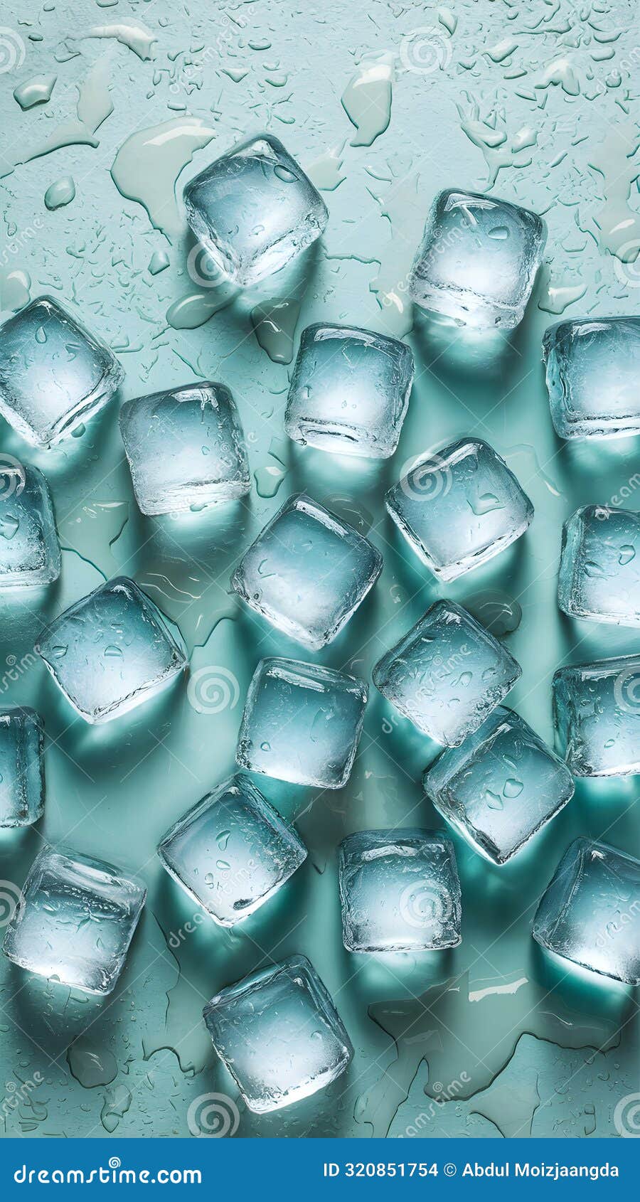 Translucent Ice Cubes on Blue Surface with Water Droplets, Creating ...