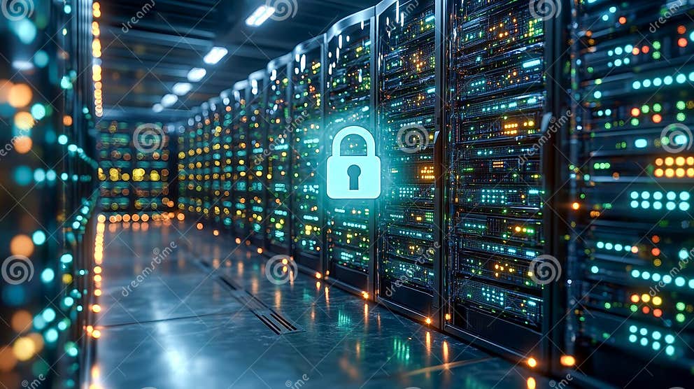 Translucent Lock Hologram Symbolizing Secure Data Storage, Server Room ...