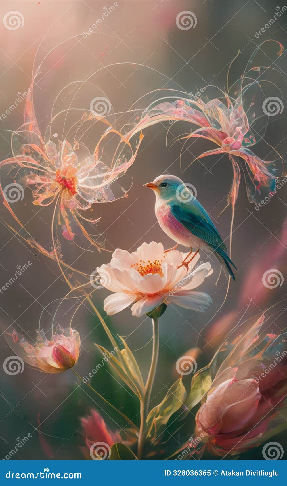 Translucent Miniature Bird, Delicate Flower, Refined Abstract Art ...