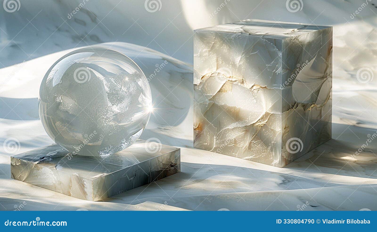 A Translucent Sphere beside a Textured Block on a Soft, Flowing Surface ...