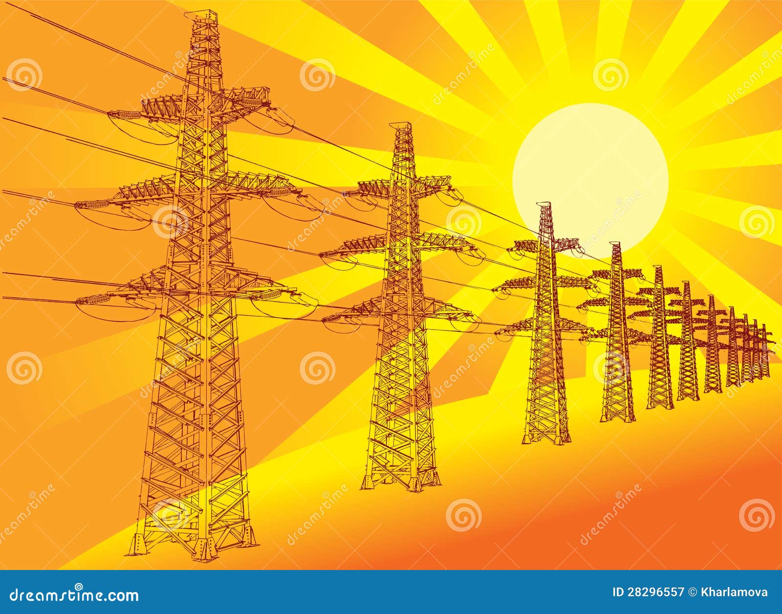 Transmission Line Against Setting Sun Stock Vector - Illustration of ...