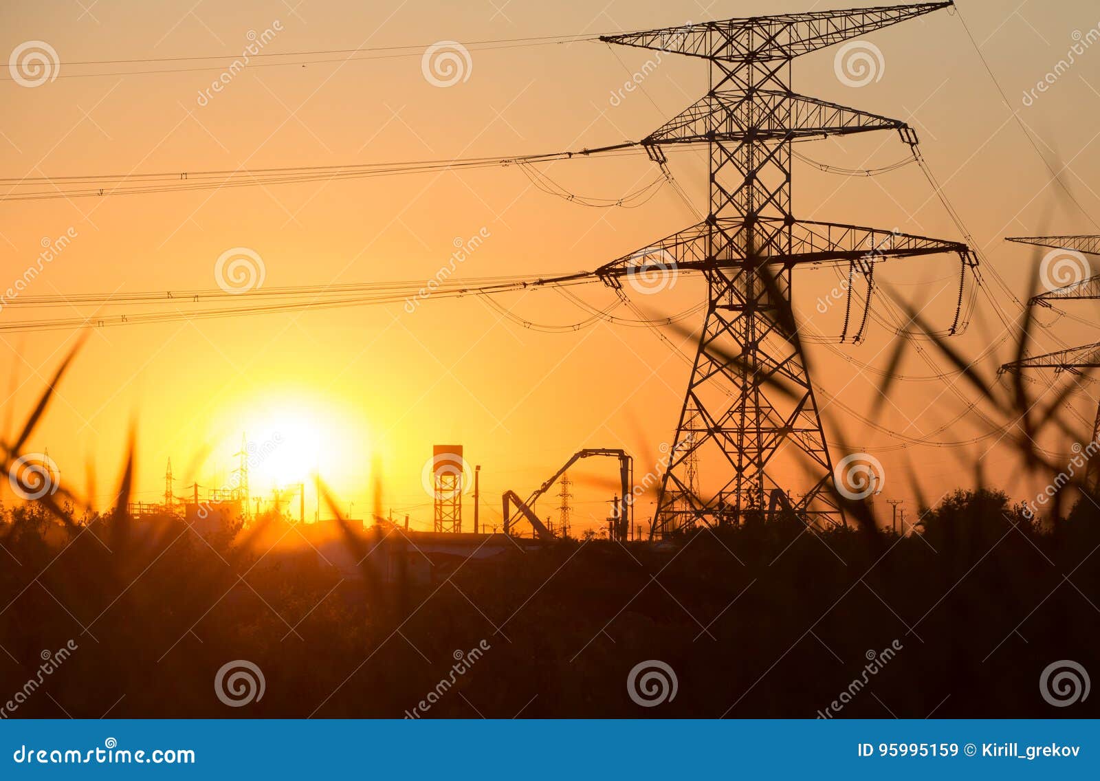 Transmission Power Line Silhouette on Sunset Stock Image - Image of ...