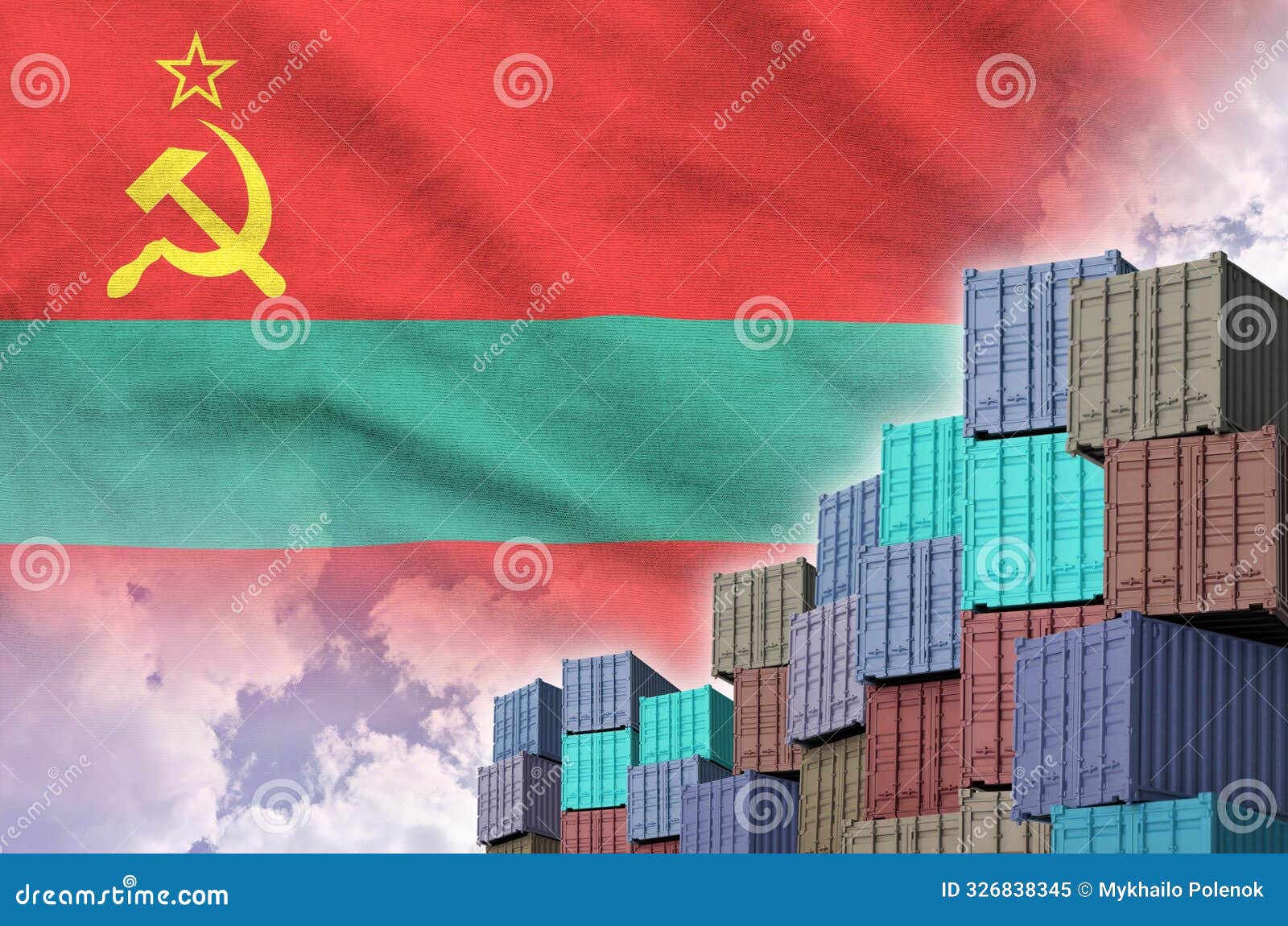 Transnistria Flag and Big Stack of Shipping Cargo Containers in Docks ...