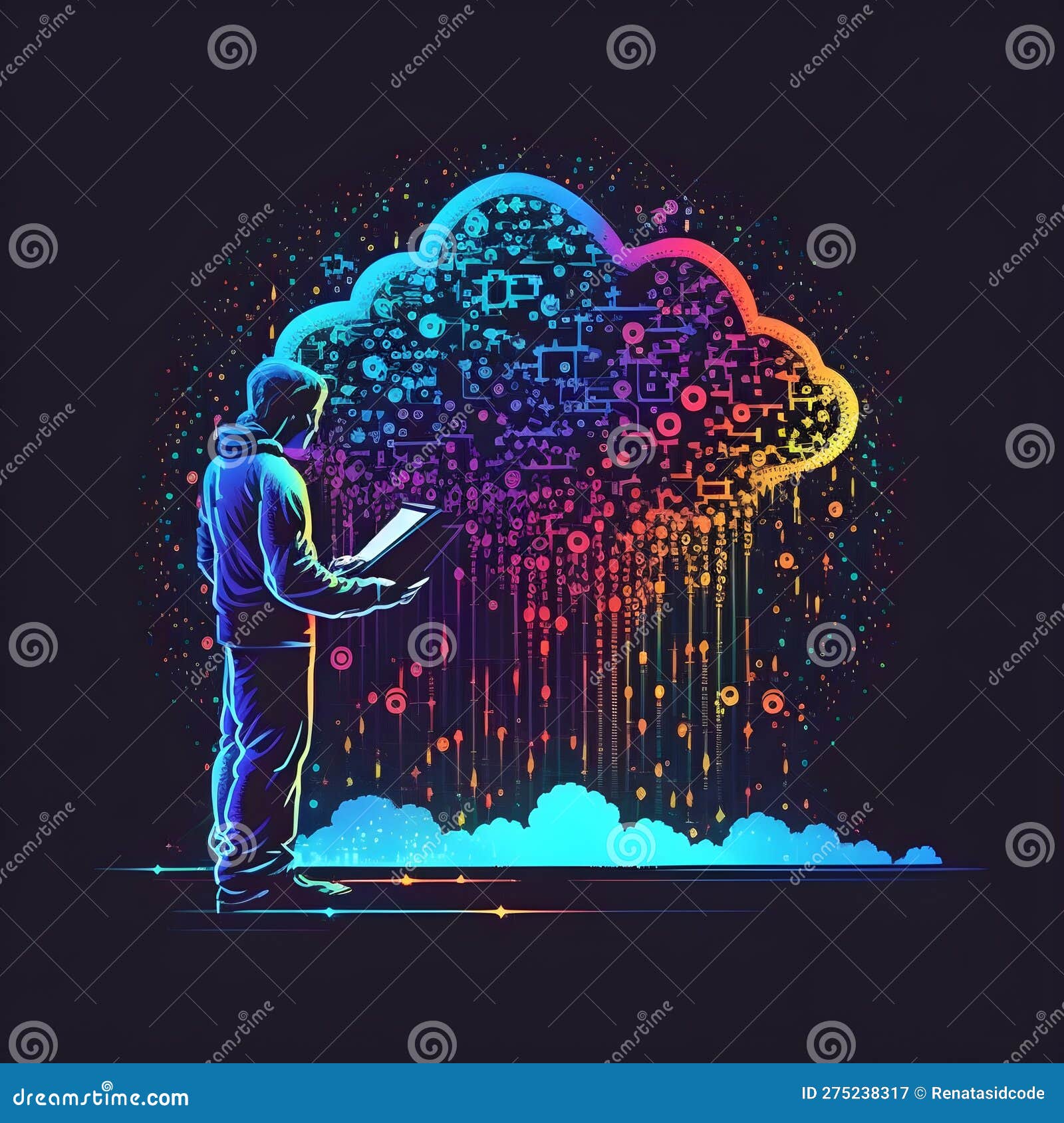 Transparent Bioluminal AI Fake Person Standing and Checking Tablet with ...