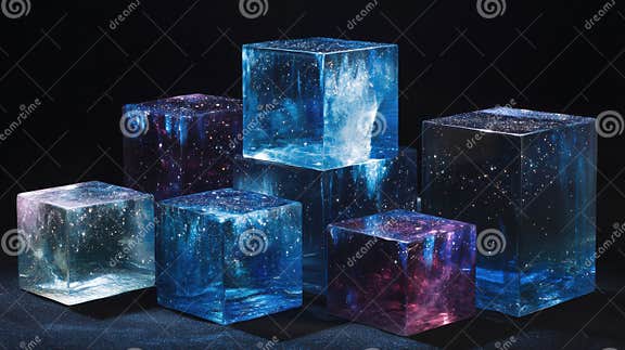 Transparent Blocks with Cosmic Galaxy Patterns on Black Background ...