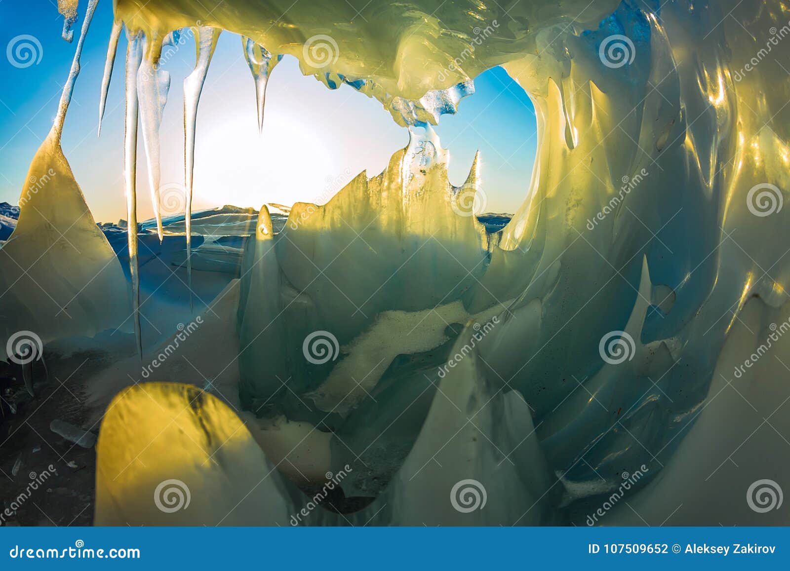 Transparent Blue Icicle Ice Cave in Lake Baikal Stock Photo - Image of ...