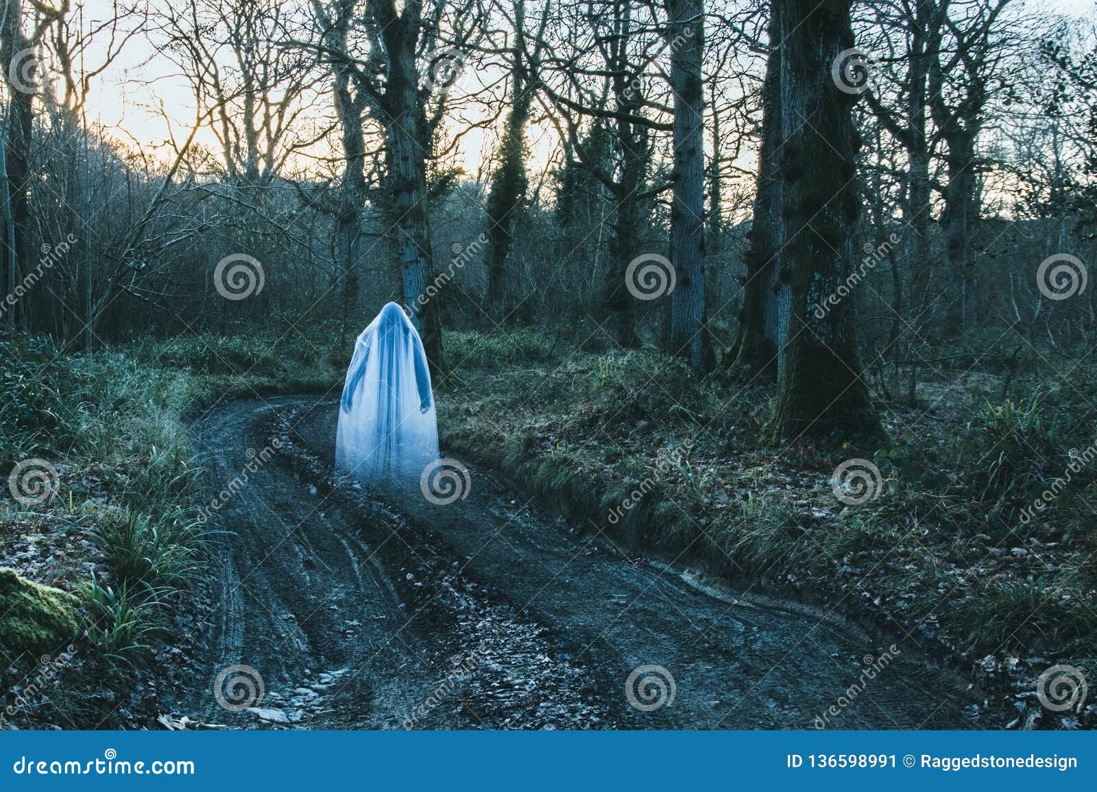 A Transparent Blurred Ghostly Hooded Figure Standing on a Path in a ...