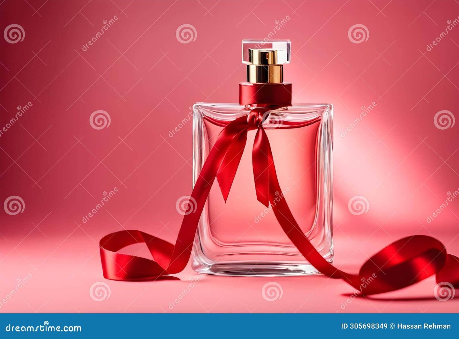 Transparent Bottle of Perfume with Ribbon Bow on a Red Background Stock ...